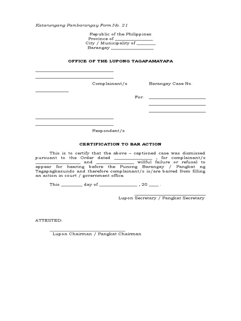 Katarungang Pambarangay Form No. 21: Office of The Lupong Tagapamayapa ...