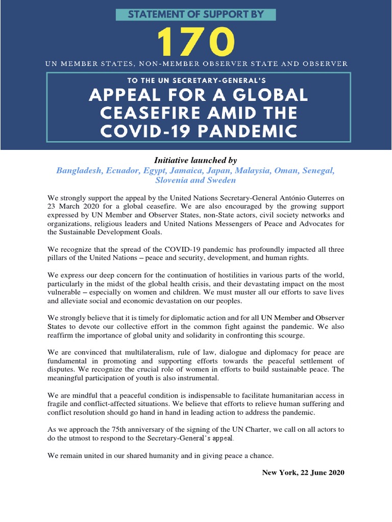 Statement of Support To UNSG Appeal For A Global Ceasefire Amid The ...
