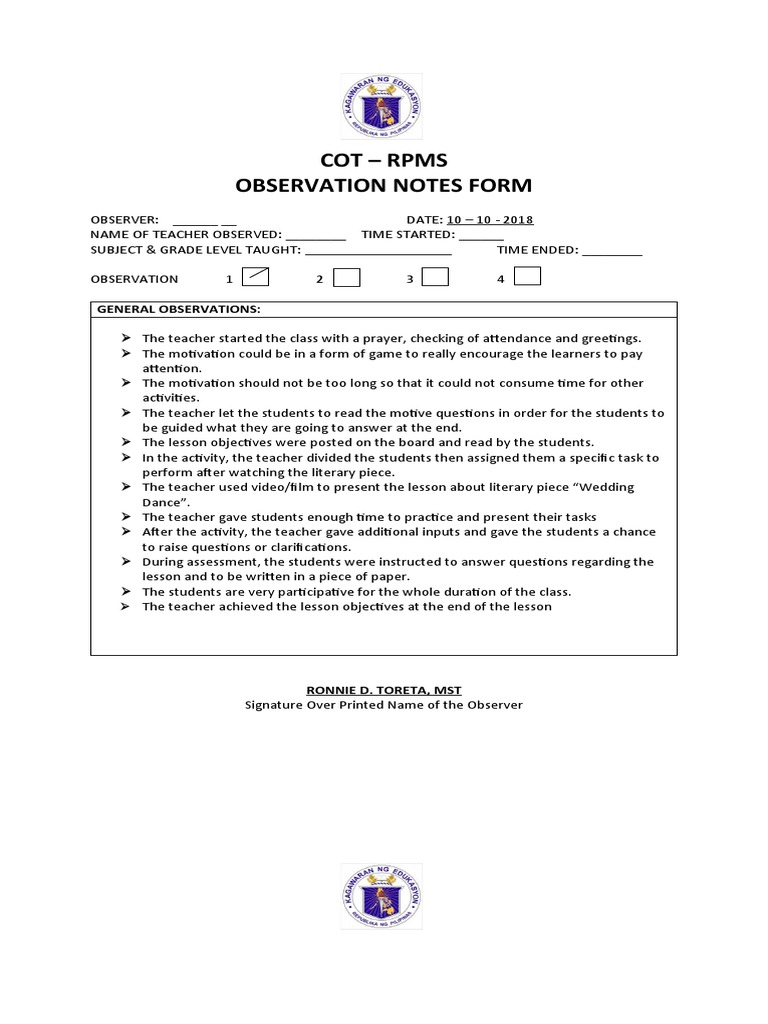 Classroom Observation Notes Sample | PDF | Motivation | Motivational