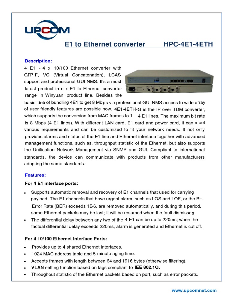 E1 To Ethernet Converter HPC-4E1-4ETH: Description | PDF | Ethernet ...