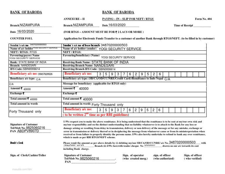 Bank of Baroda NEFT FORM | Download Free PDF | Service Industries ...