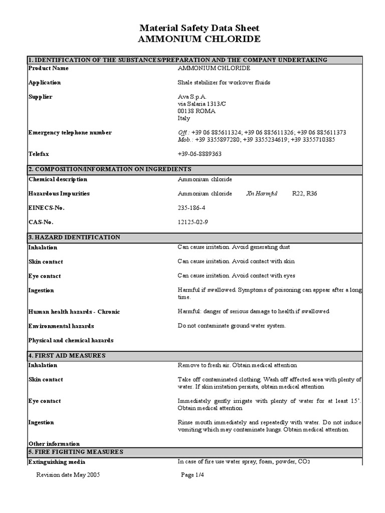 Ammonium Chloride Safety Data | PDF | Personal Protective Equipment ...