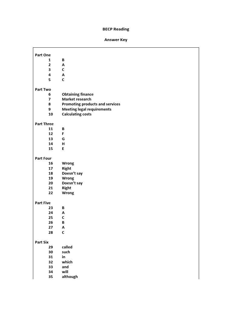 BECP Reading Answer Key | PDF | Business