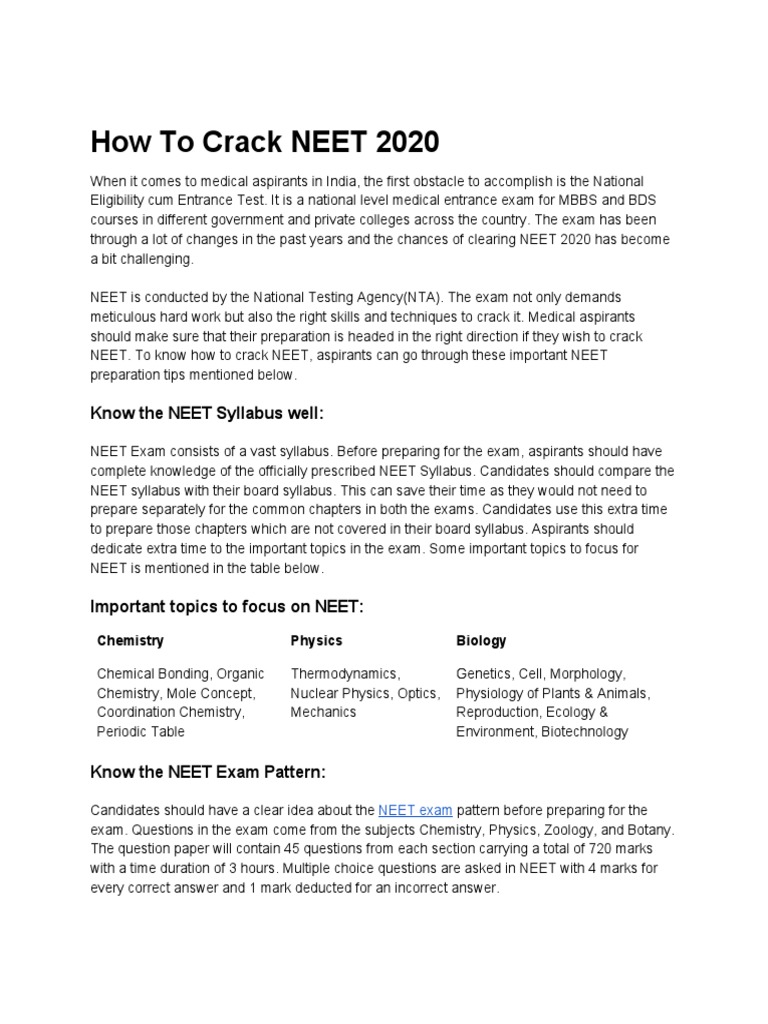 How To Clear NEET 2020 Exam | PDF