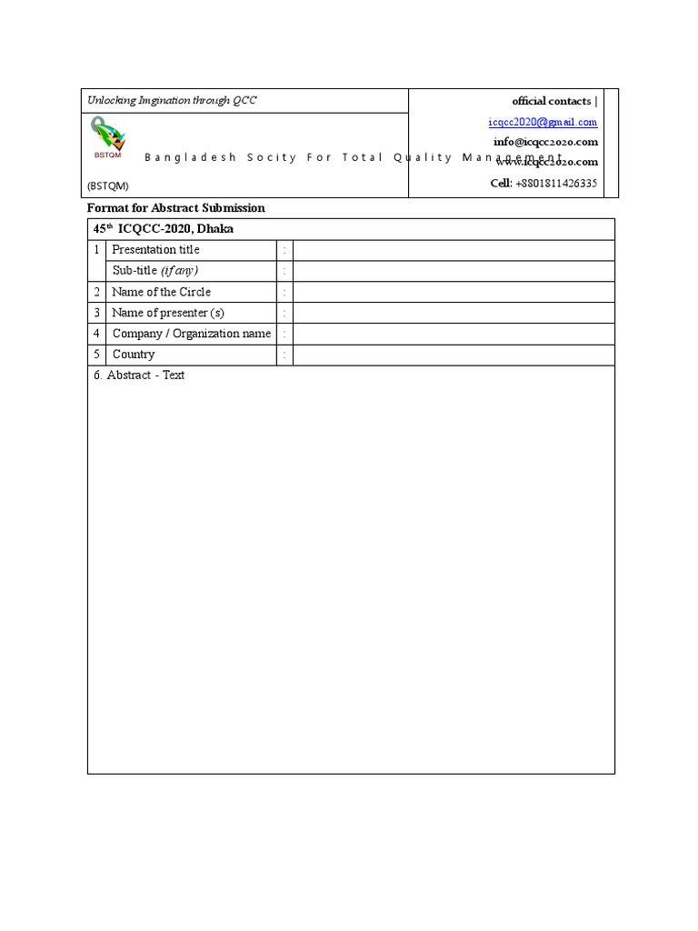 Format For Abstract Submission 45 ICQCC-2020, Dhaka | PDF