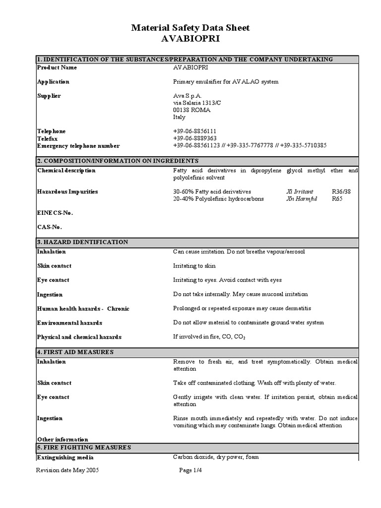 Material Safety Data Sheet Avabiopri: Xi Irritant R36/38 XN Harmful R65 ...