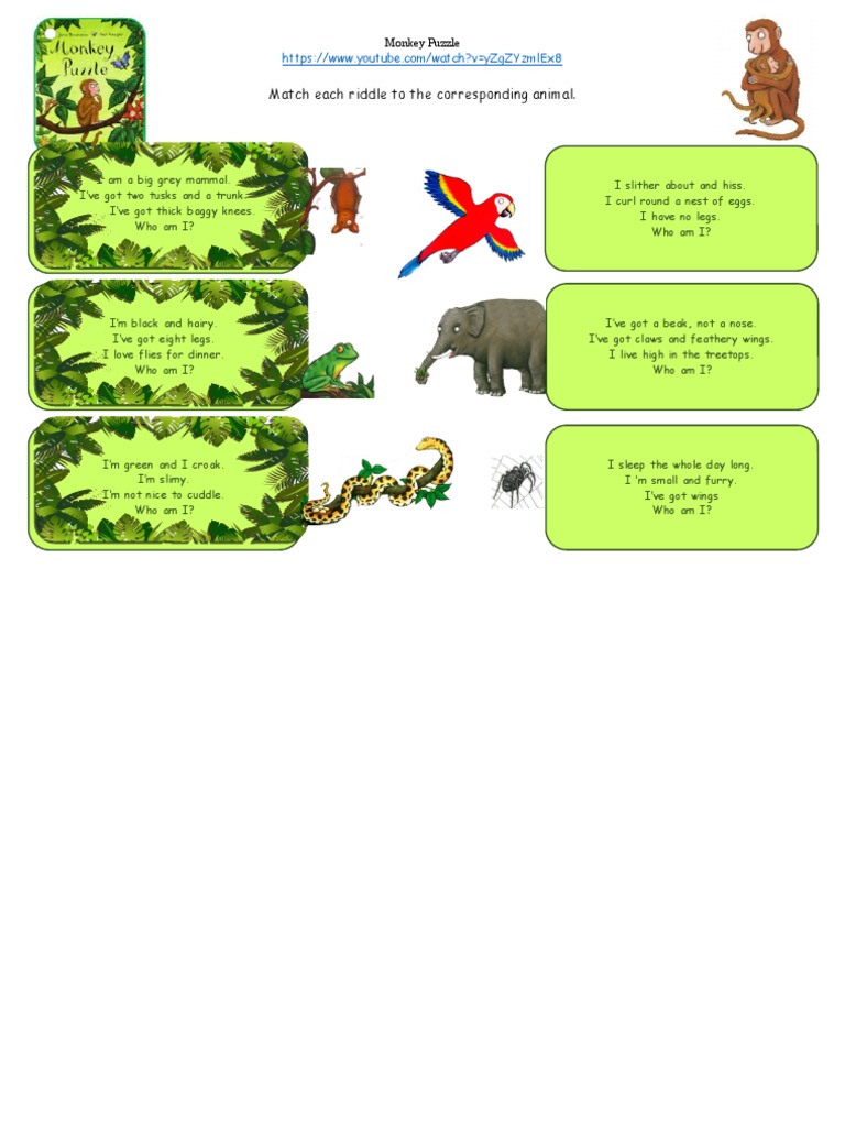 Match Each Riddle To The Corresponding Animal.: Monkey Puzzle | PDF