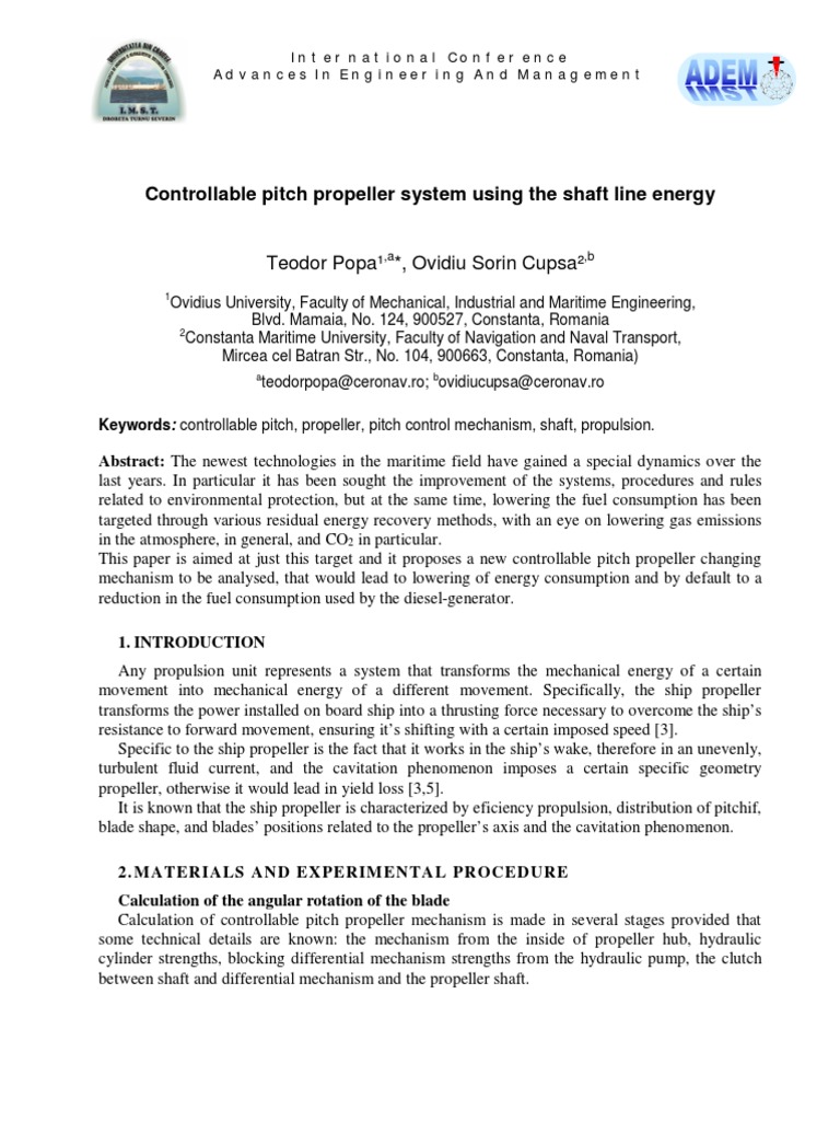 Controllable Pitch Propeller System Using The Shaft Line Energy | PDF ...