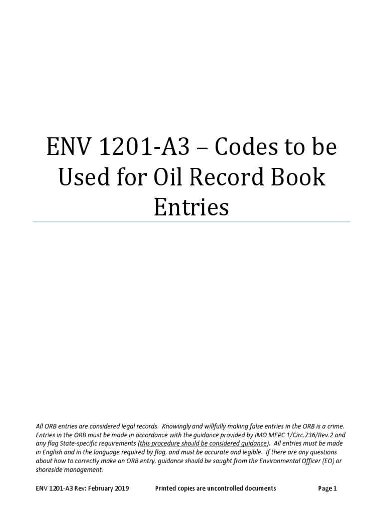 ENV-1201-A3 Codes To Be Used For Oil Record Book ORB Entries | PDF | Nature