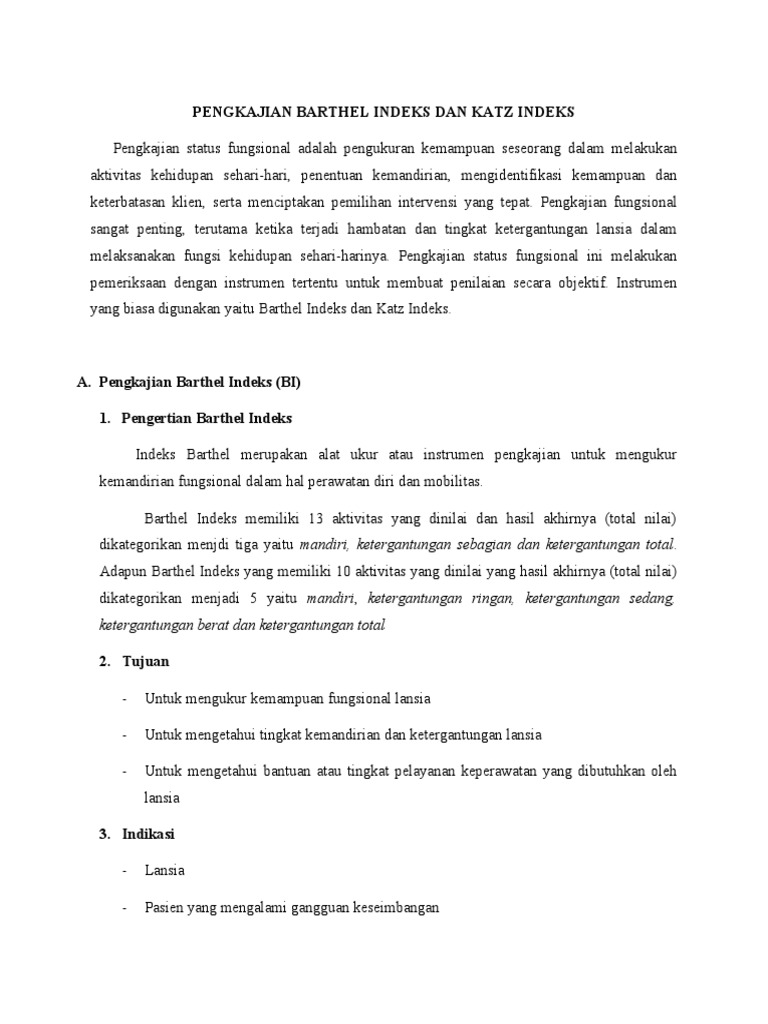 Sop Pengkajian Barthel Indeks Dan Katz Indeks | PDF