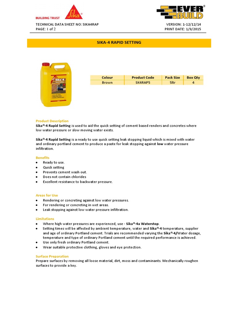 Sika-4 Rapid Setting: Colour Product Code Pack Size Box Qty | PDF ...