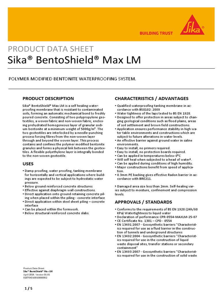 Sika® Bentoshield® Max LM: Product Data Sheet | PDF | Nonwoven Fabric ...