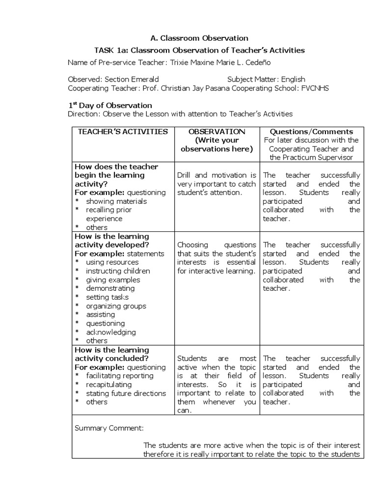 A. Classroom Observation Task 1 A | PDF | Classroom | Teachers