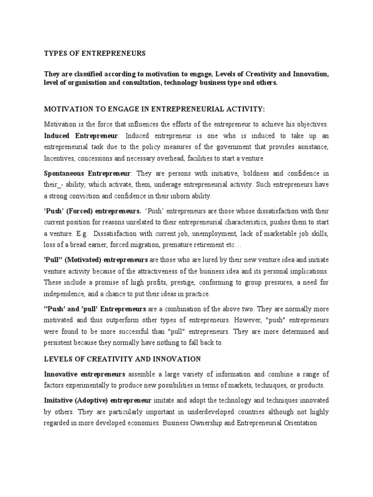 Types of Entrepreneurs | PDF | Entrepreneurship | Sales