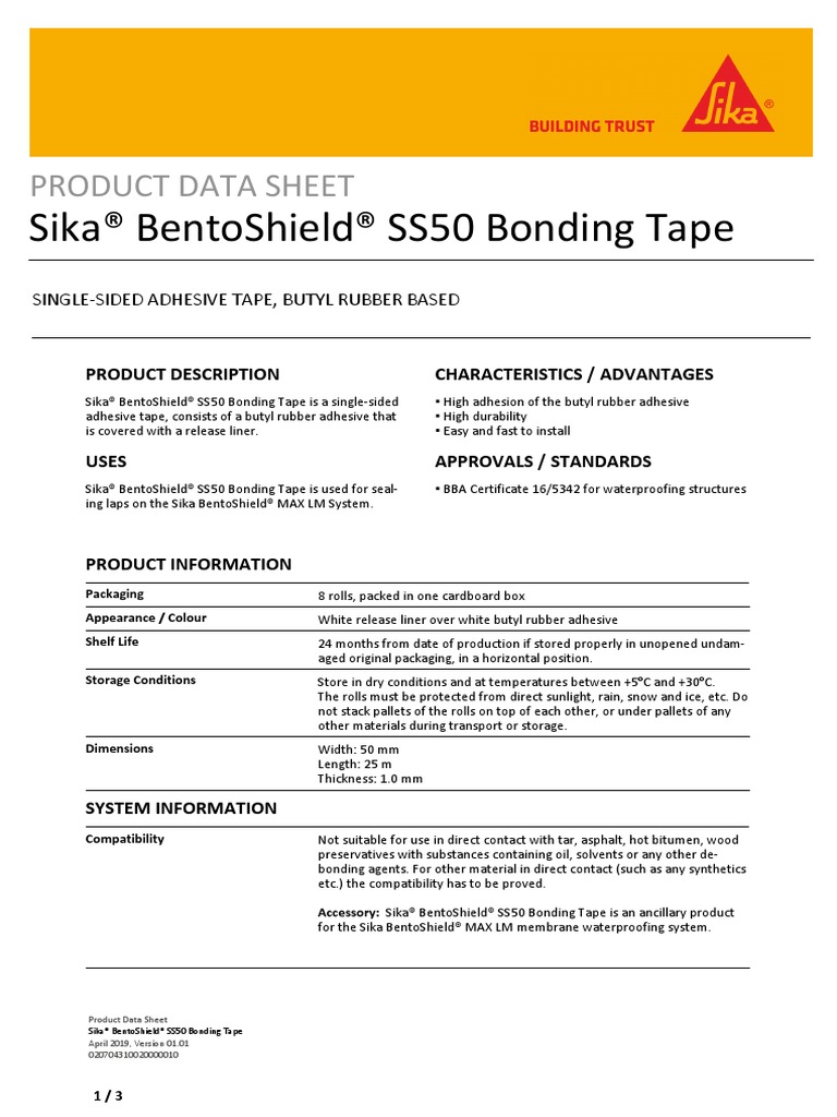 Sika® Bentoshield® Ss50 Bonding Tape: Product Data Sheet | PDF ...