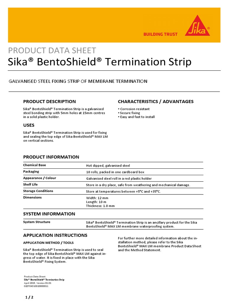 Sika® Bentoshield® Termination Strip: Product Data Sheet | PDF | Sheet ...