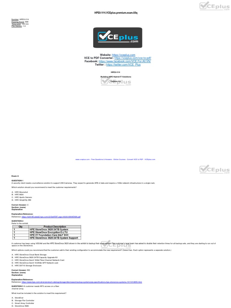 Website: Vce To PDF Converter: Facebook: Twitter:: Hpe0-V14.Vceplus - Premium.Exam.60Q | PDF ...