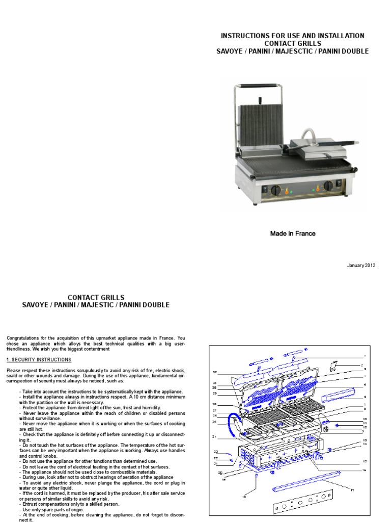 Instructions For Use and Installation Contact Grills Savoye / Panini ...
