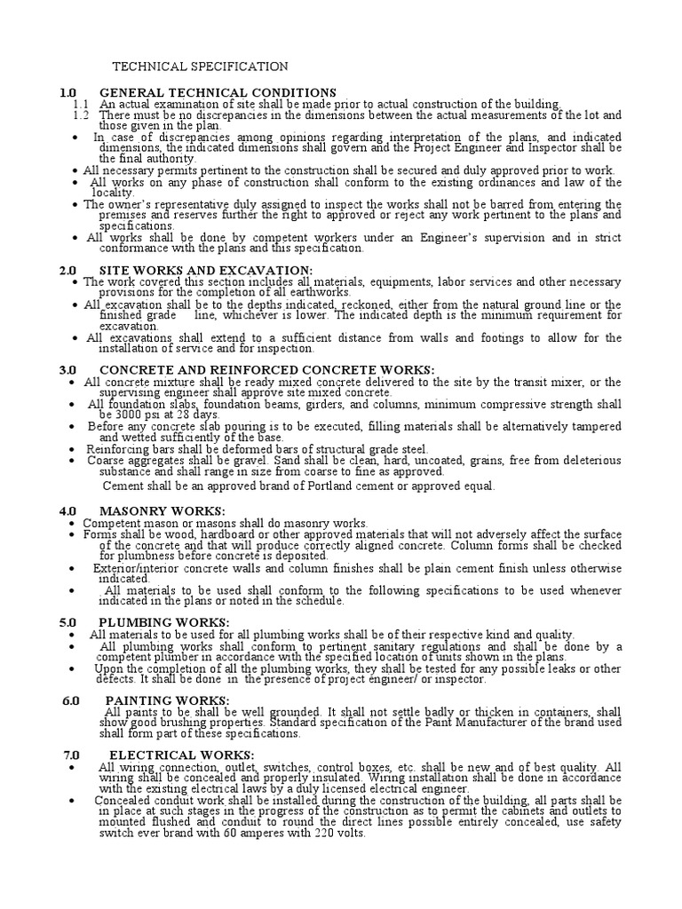 House Specification Outline | PDF | Masonry | Concrete