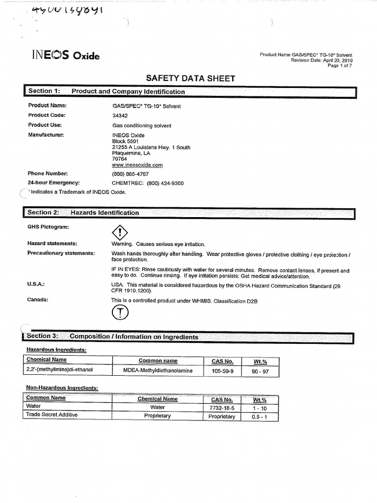 MSDS Mdea - Ineos | PDF