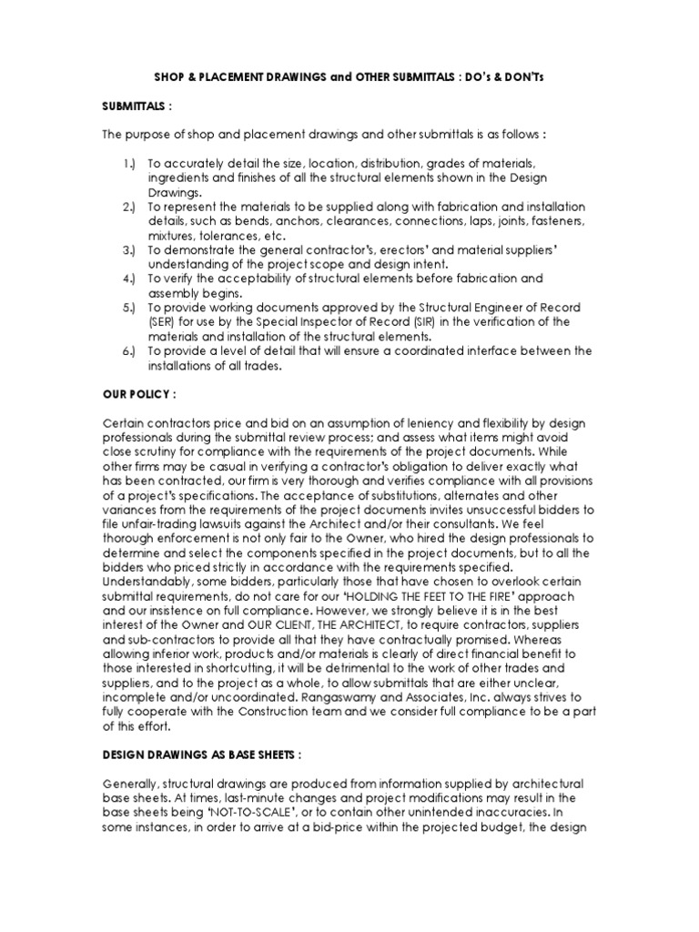 Shop & Placement Drawings and Other Submittals: Do'S & Don'Ts ...