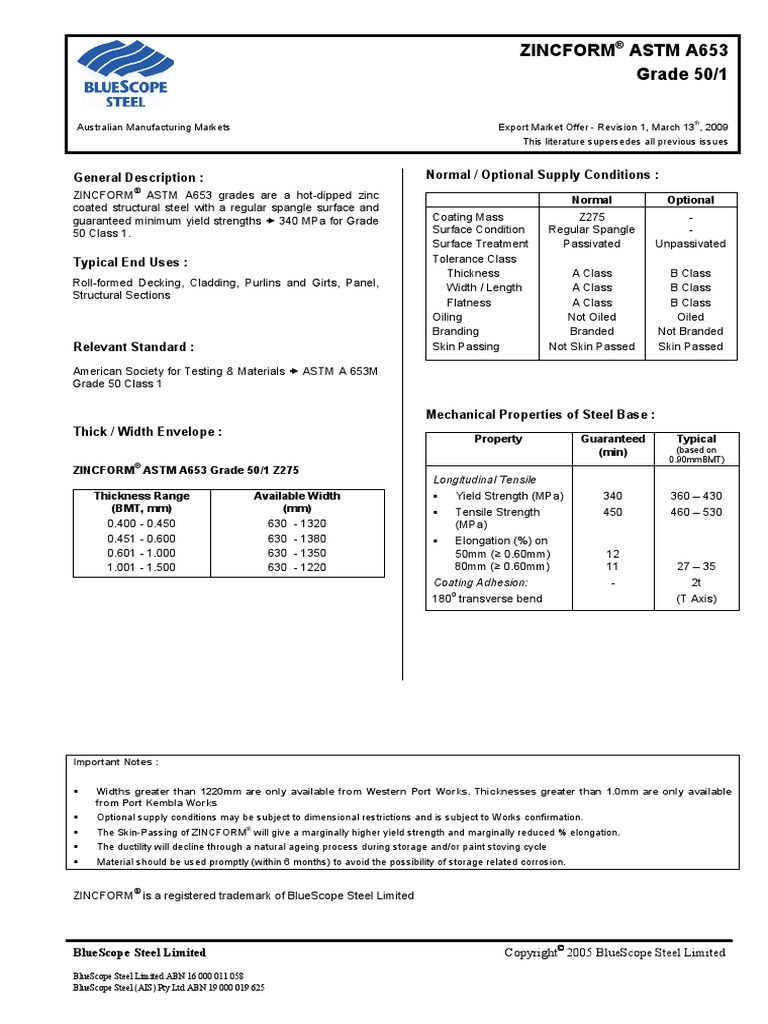 Zincform ASTM A653 Grade 50/1: General Description: Normal / Optional Supply Conditions | PDF ...