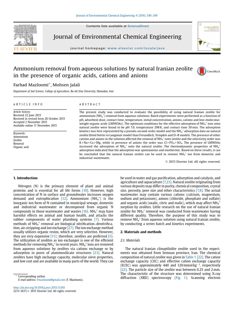 Journal of Environmental Chemical Engineering: Farhad Mazloomi, Mohsen ...