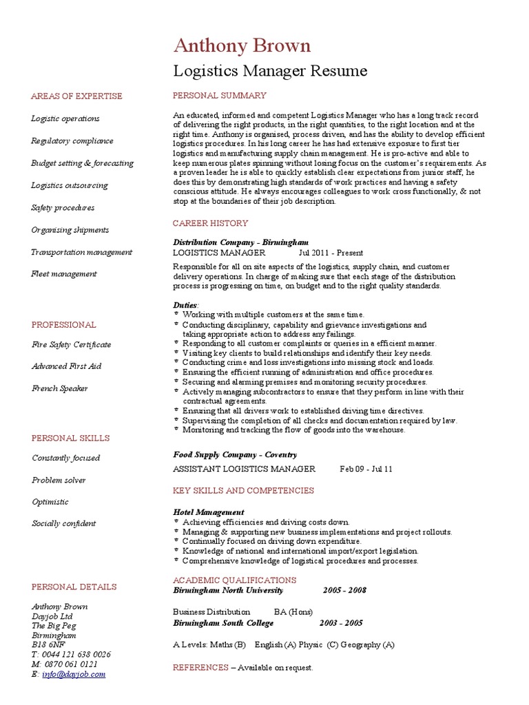 Logistics Manager Resume Format | PDF | Logistics | Supply Chain