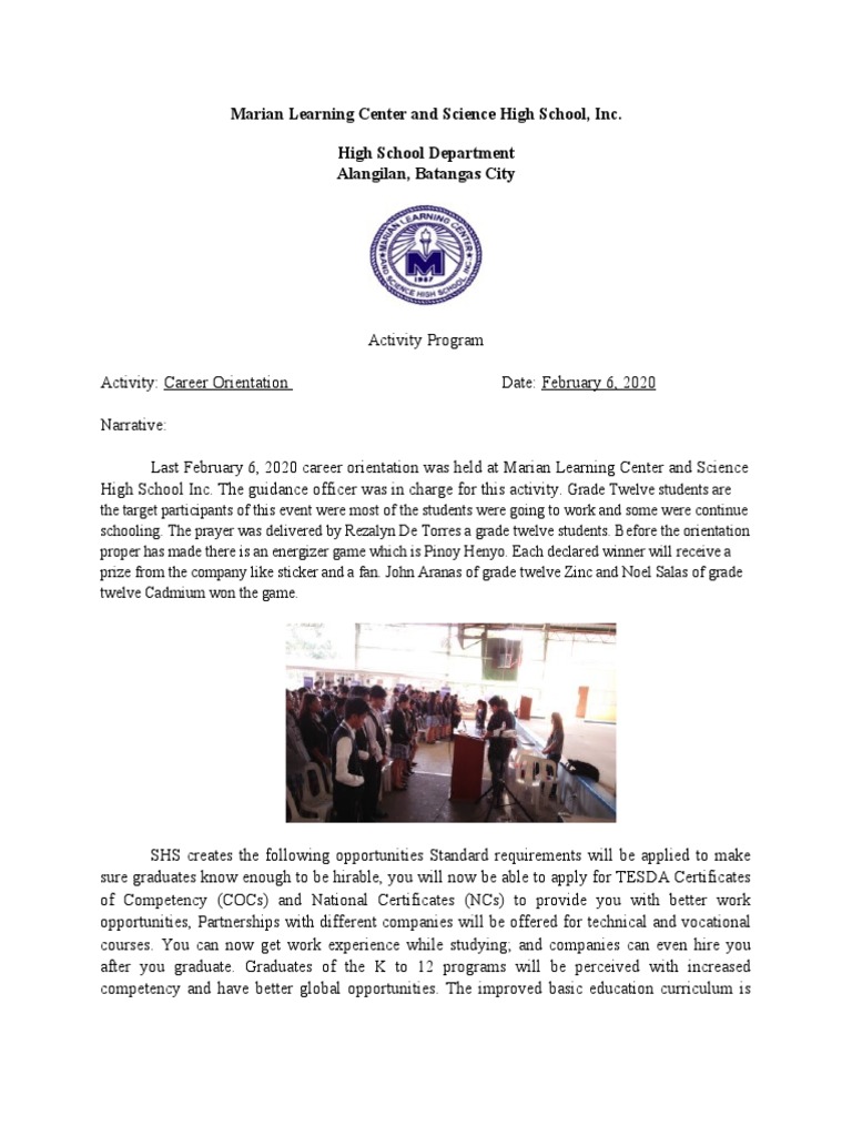 Marian Learning Center and Science High School, Inc. High School ...