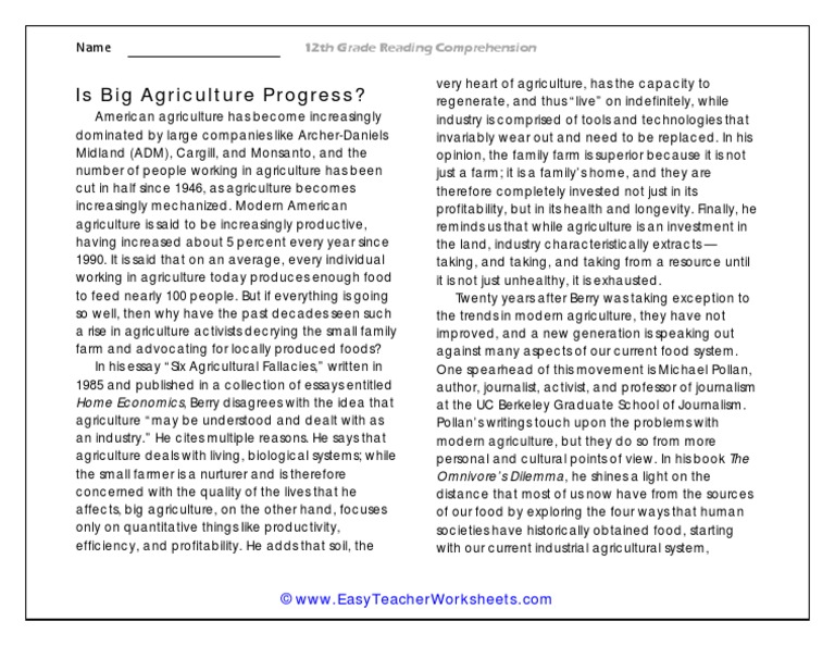 Is Big Agriculture Progress?: 12th Grade Reading Comprehension | PDF ...