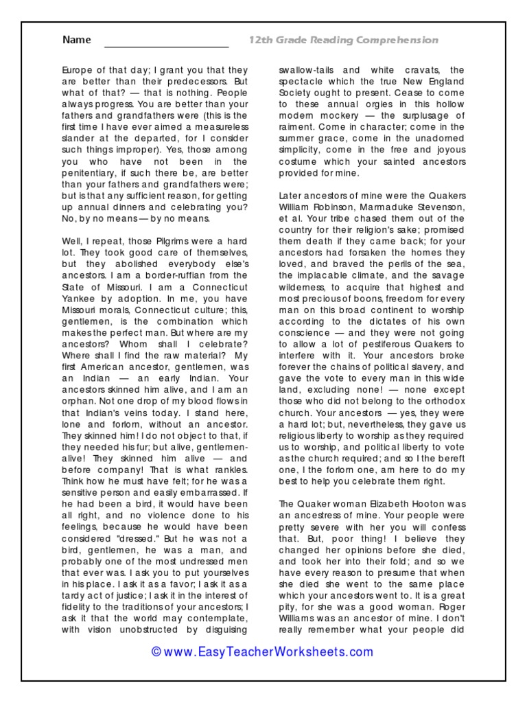 12th Grade Reading Comprehension | PDF
