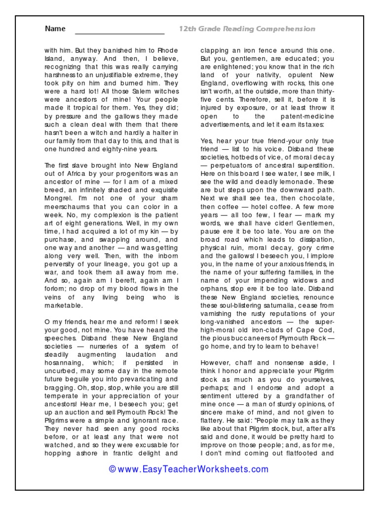 12th Grade Reading Comprehension | PDF