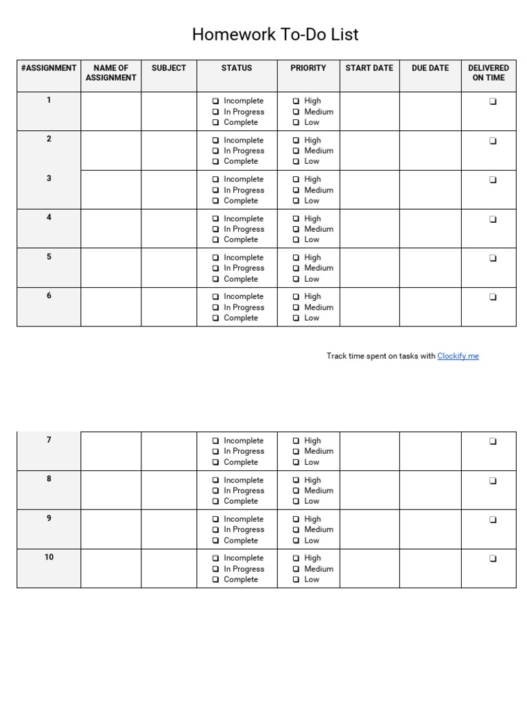 Homework Task Tracker Template | PDF