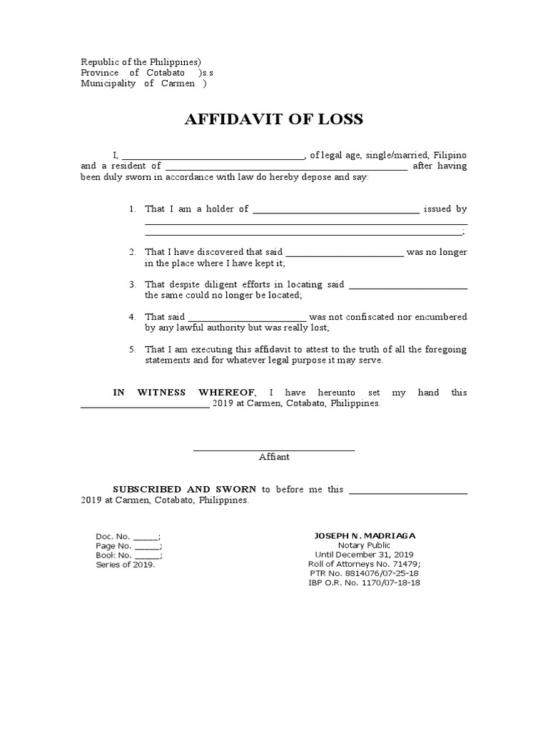 Affidavit of Loss Template | PDF