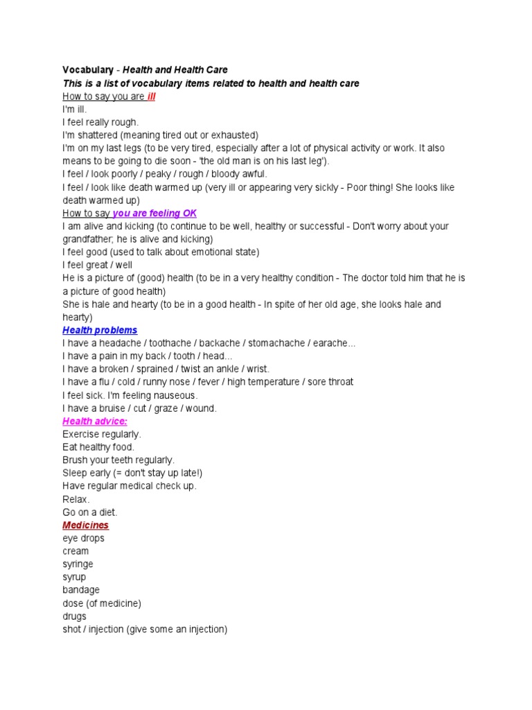 Vocabulary - Health and Health Care | PDF
