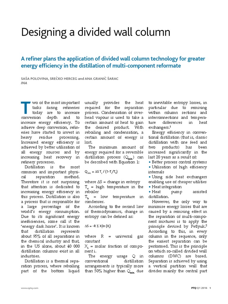 Designing A Divided Wall Column | PDF | Distillation | Heat Exchanger
