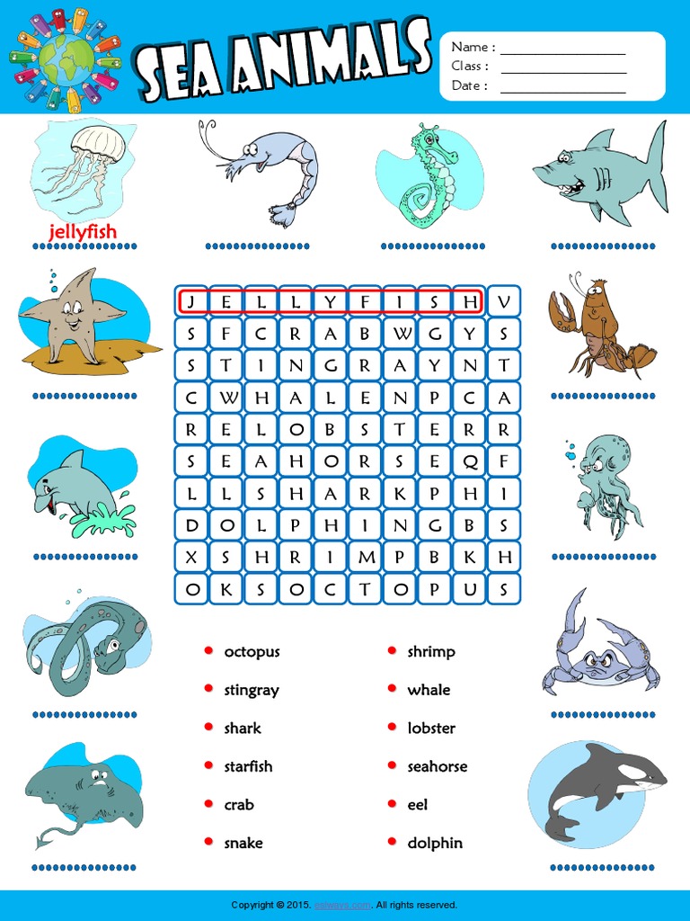 Sea Animals Esl Vocabulary Word Search Worksheet For Kids | PDF