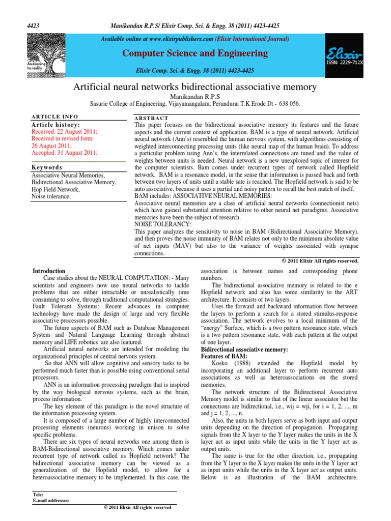 Artificial Neural Networks Bidirectional Associative Memory: Computer Science and Engineering ...