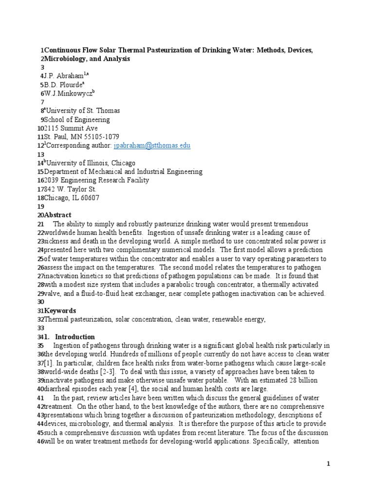 Continuous Flow Solar Thermal Pasteurization of Drinking Water: Methods ...