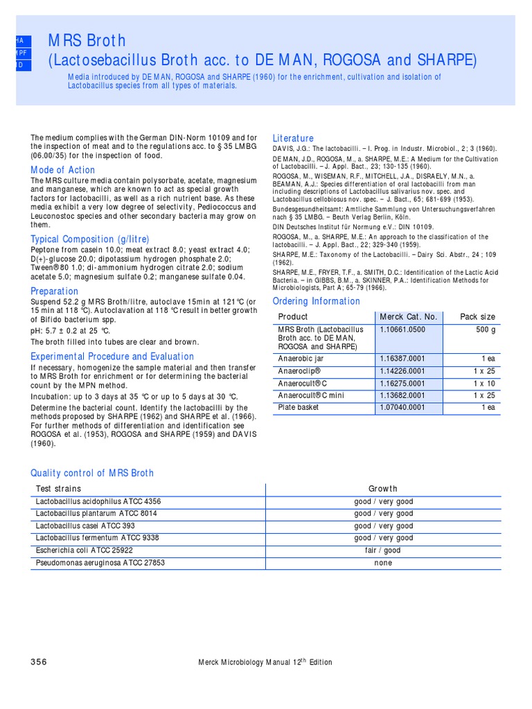 MRS Broth: (Lactosebacillus Broth Acc. To DE MAN, ROGOSA and SHARPE ...