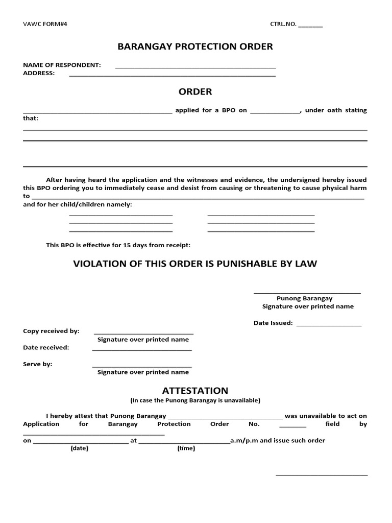 Barangay Protection Order: Vawc Form#4 CTRL - NO. | Download Free PDF ...
