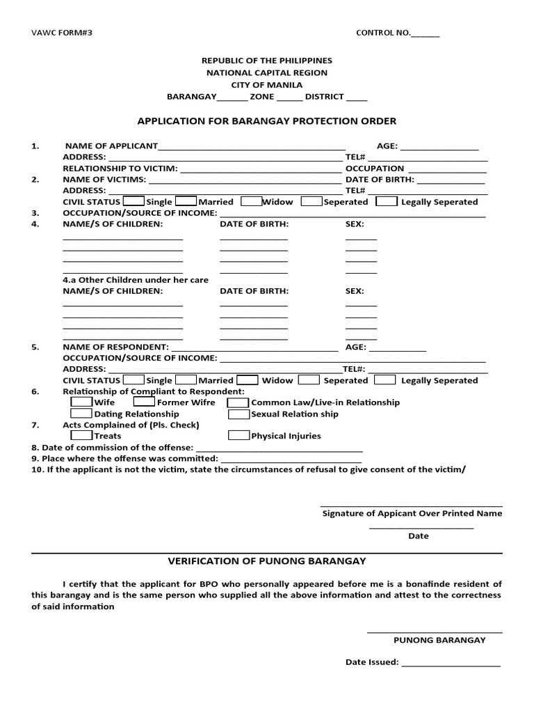 Application For Barangay Protection Order: Vawc Form#3 CONTROL NO ...