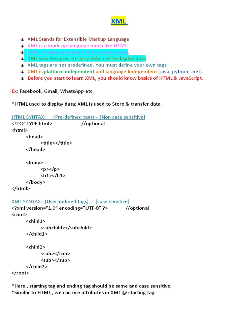 XML Is A Mark-Up Language Much Like HTML.: XML Is Designed To Store and Transport Data | PDF ...