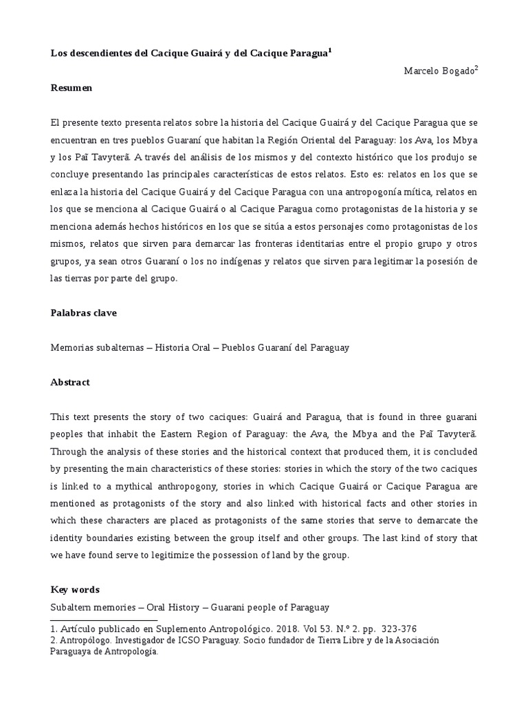 La historia del Cacique Guairá y del Cacique Paragua según la tradición ...