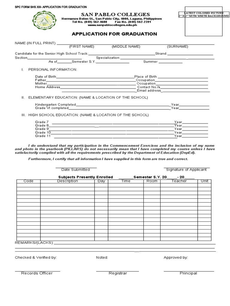 SPC Form XIII Revised Application For Graduation Form SHS Proposed | Download Free PDF ...