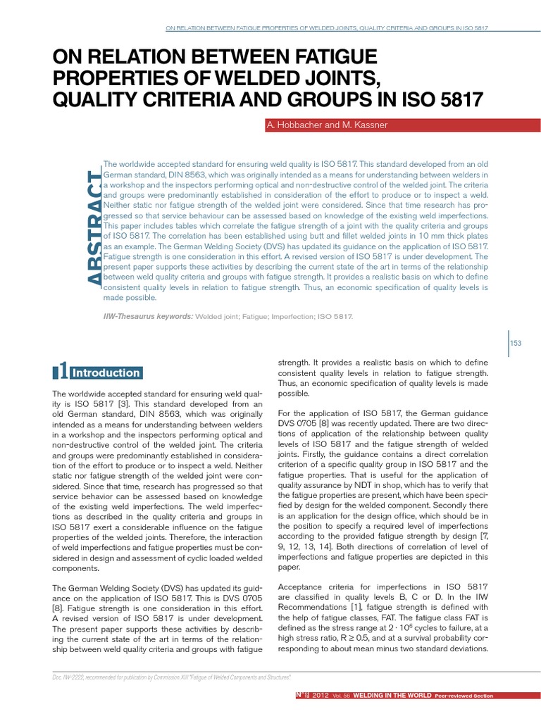 On Relation Between Fatigue Properties of Welded Joints, Quality ...