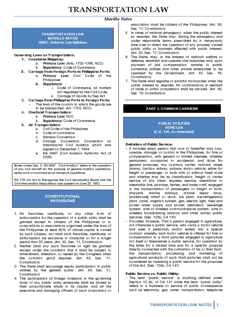 Transportation Law Notes | PDF | Transport | Government