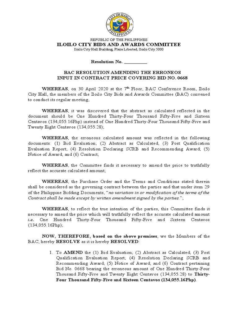 BAC Resolution Amending Contract Price | PDF | Government | Business