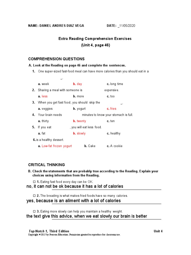 Extra Reading Comprehension Exercises (Unit 4, Page 46) | PDF | Self ...
