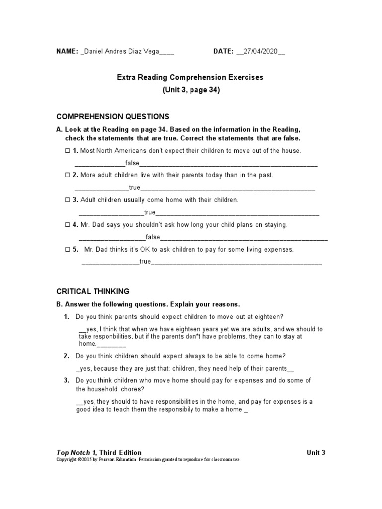 Extra Reading Comprehension Exercises (Unit 3, Page 34) : Top Notch 1 ...